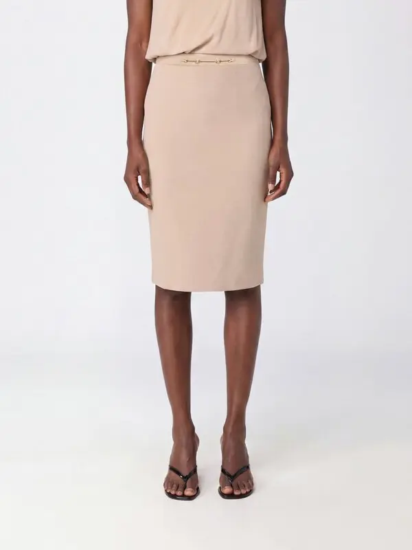 Elisabetta Franchi High-waisted Crêpe Midi Pencil Skirt With Slit - Nude