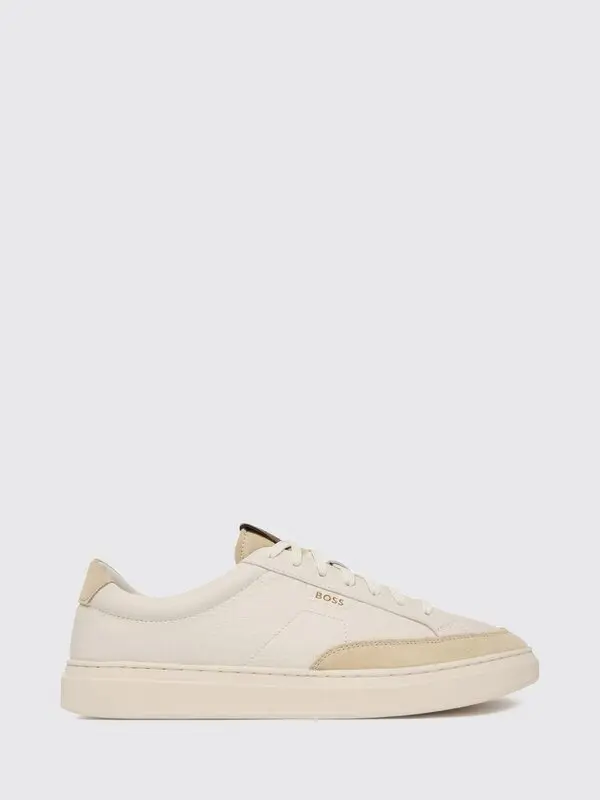 BOSS Kieran Grained Leather Low-top Trainers With Printed Logo - White