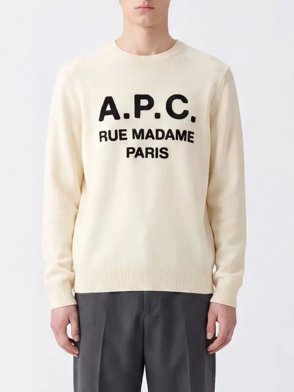 A.p.c. Crewneck Virgin Wool Sweater With Contrast Logo Lettering - Ecru