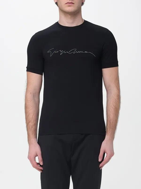 Giorgio Armani Cotton T-shirt With Short Sleeves And Contrasting Logo - Black