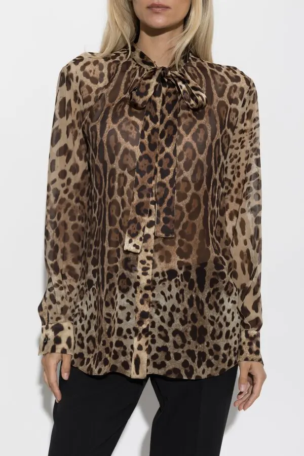 Dolce & Gabbana Silk Animal Print Bow Collar Shirt