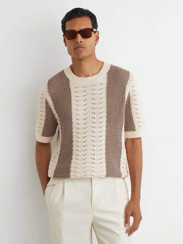 REISS Shean Cotton Crochet-knit Striped T-shirt