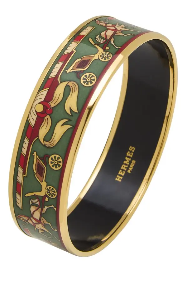 Hermès Gold-tone Enamel Bangle With Carriage Motif - Green