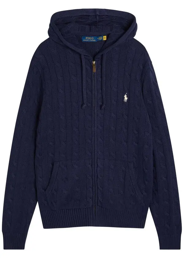 Polo Ralph Lauren Cable-knit Cotton Zip-up Hoodie With Embroidered Crest - Navy