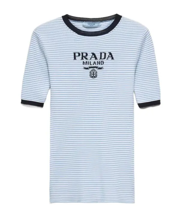Prada Striped Silk Crew-neck Sweater - Light Blue/white