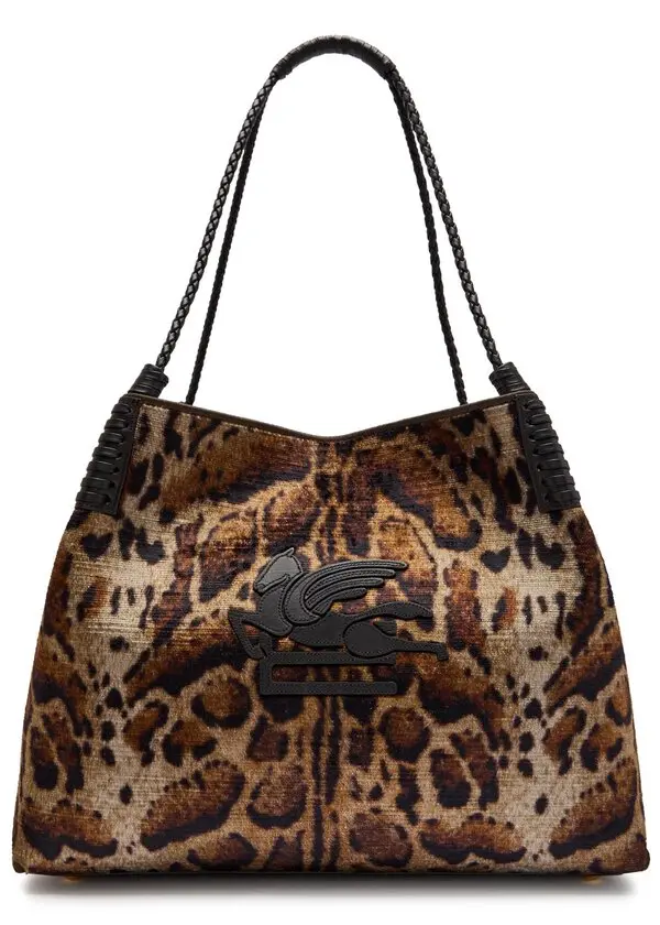 Etro Large Leopard Print Velvet Tote - Khaki