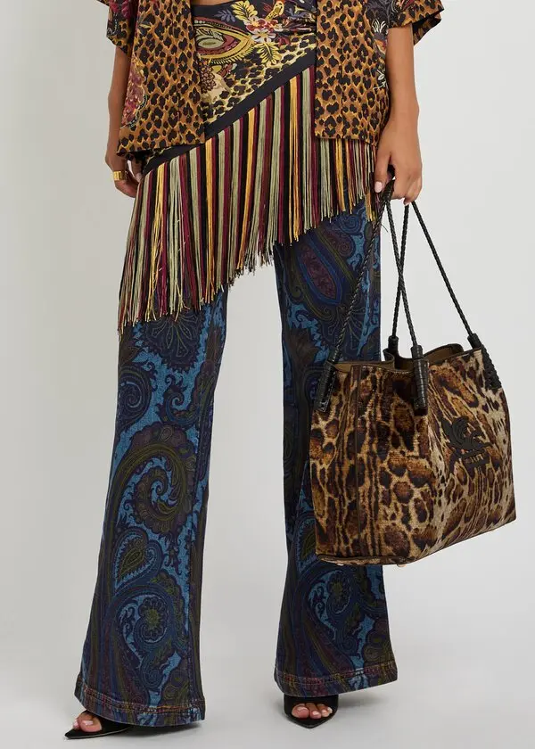 Etro Large Leopard Print Velvet Tote - Khaki