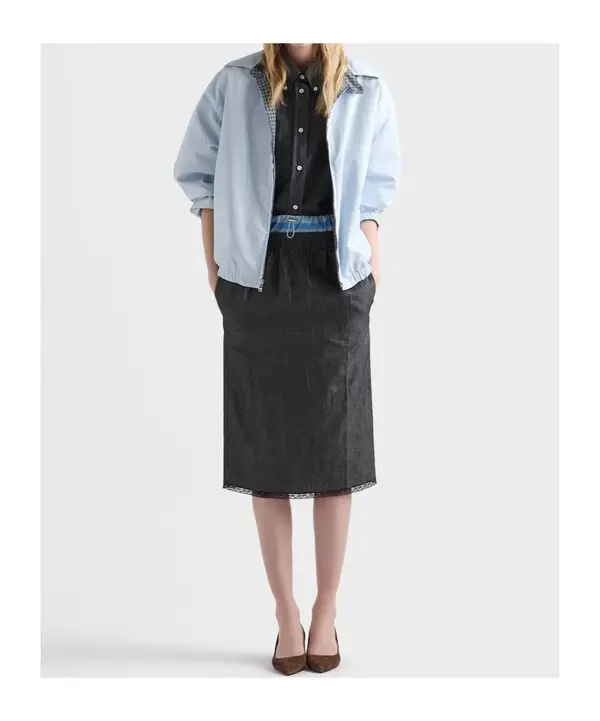 Prada Chambray Midi Skirt With Elasticated Waistband - Grey