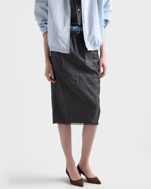 Prada Chambray Midi Skirt With Elasticated Waistband - Grey