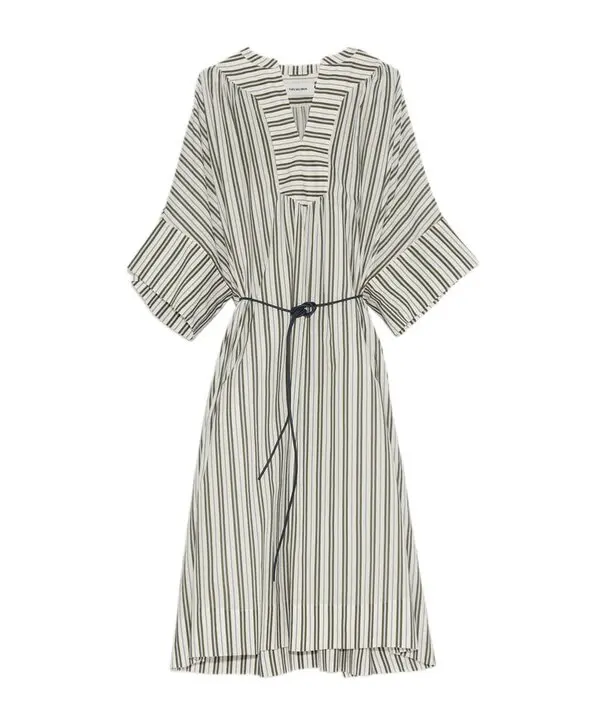 YVES SALOMON Striped V-neck Midi Dress With Lambskin Belt
