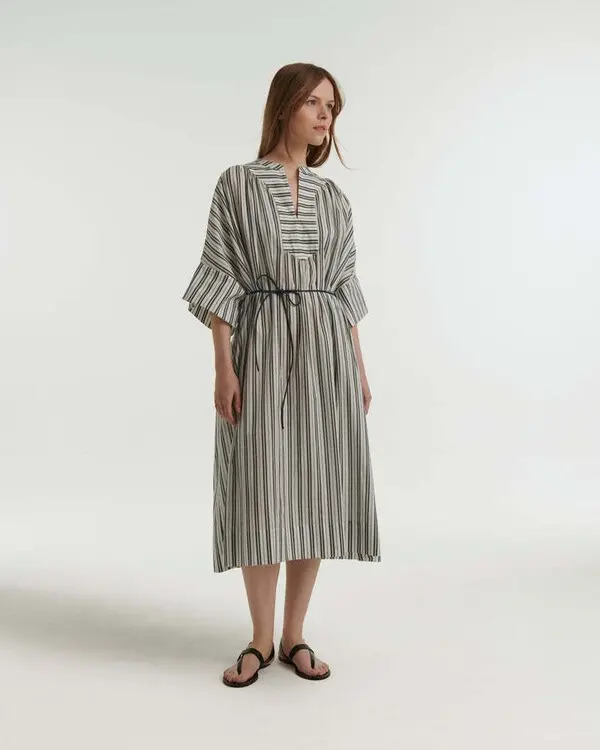 YVES SALOMON Striped V-neck Midi Dress With Lambskin Belt
