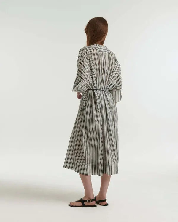 YVES SALOMON Striped V-neck Midi Dress With Lambskin Belt