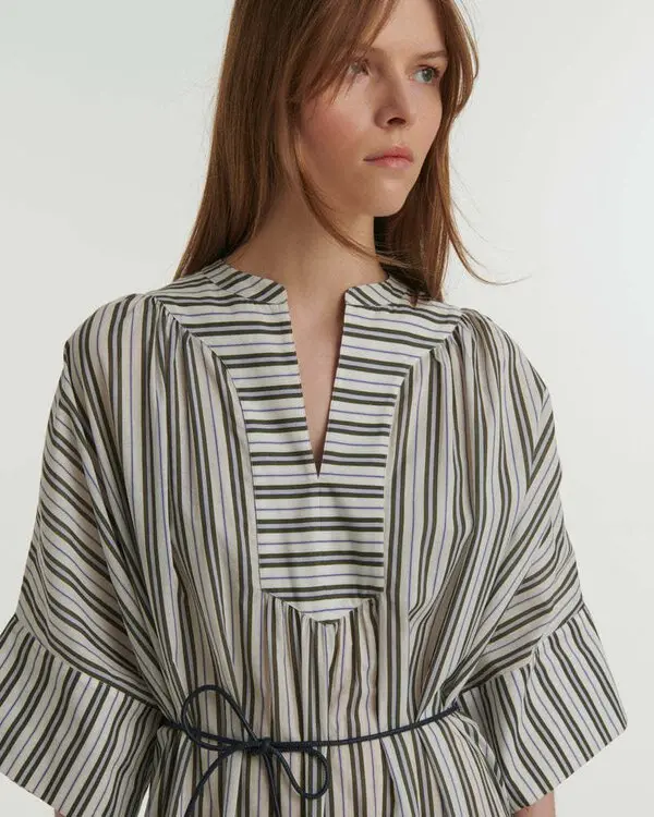YVES SALOMON Striped V-neck Midi Dress With Lambskin Belt