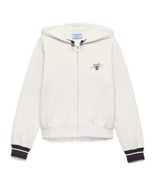 Prada Cotton Fleece Zipper Hoodie With Striped Cuffs