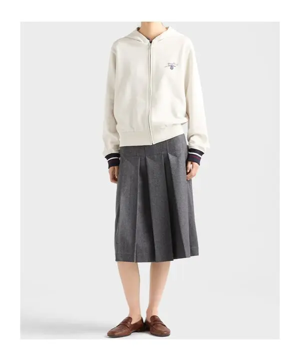 Prada Cotton Fleece Zipper Hoodie With Striped Cuffs
