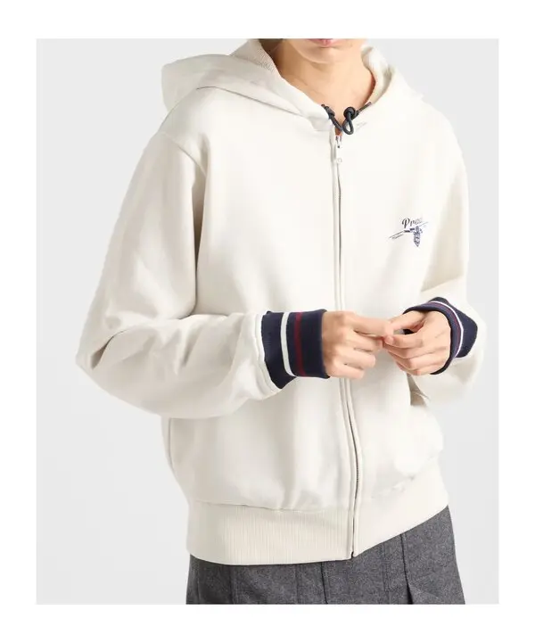 Prada Cotton Fleece Zipper Hoodie With Striped Cuffs