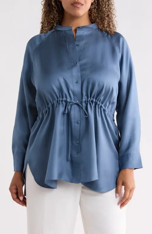 Eileen Fisher Silk Mandarin Collar Shirt With Drawstring Waist - Coldspring