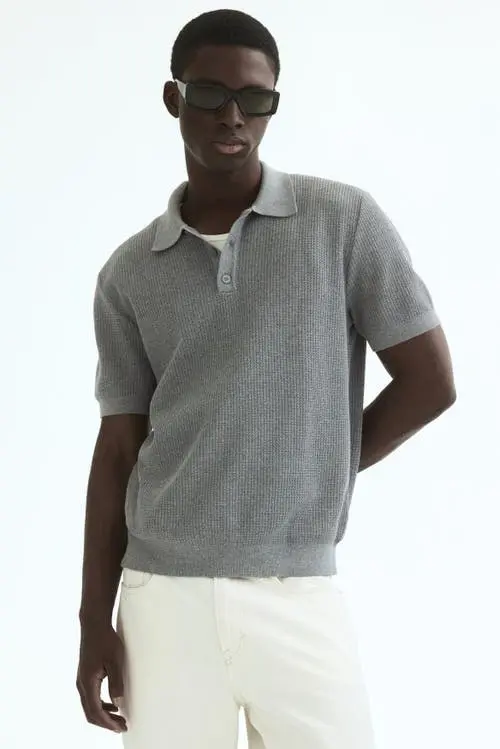 H&M Regular-fit Knit Polo Shirt - Gray Melange