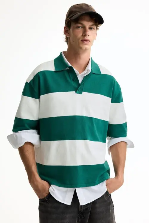 H&m Loose-fit Polo Shirt - Green/striped