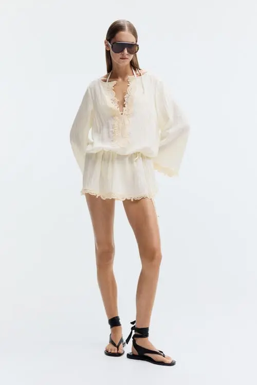 H&m Lace-trimmed Dress - Cream