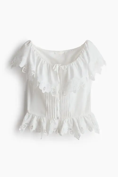 H&m Flounced Eyelet-embroidered Blouse