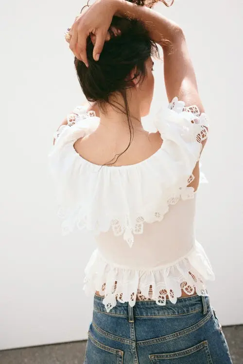 H&m Flounced Eyelet-embroidered Blouse