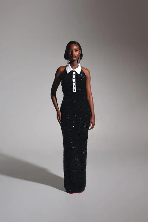 OFUURE Ria Halter Sequin Maxi Dress With Contrast Collar