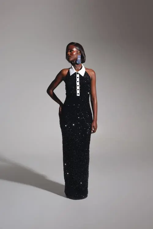 OFUURE Ria Halter Sequin Maxi Dress With Contrast Collar