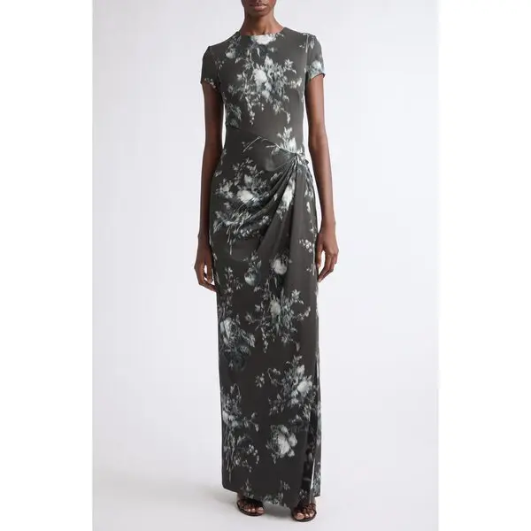 Oscar De La Renta Floral Print Draped Jersey Maxi Dress - White/carbon