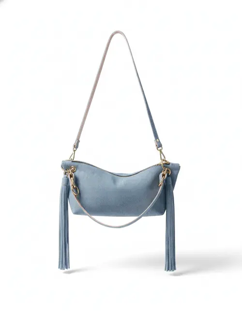 BEALICE Embossed Leather Shoulder Bag With Tassels - Blue Denim