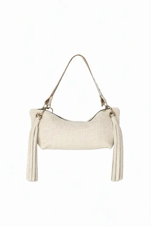 BEALICE Embossed Leather Shoulder Bag With Tassels - Embossed White
