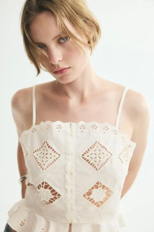 H&m Cropped Top With Eyelet Embroidery