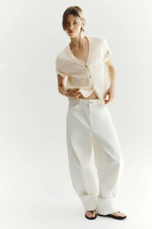 H&M Short-sleeved Knit Cardigan With V-neck And Metal Buttons - Light Beige