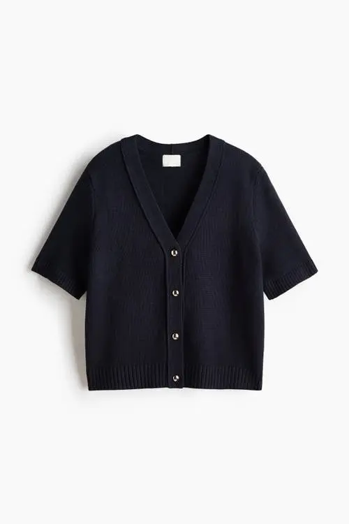 H&M Short-sleeved Knit Cardigan With V-neck And Metal Buttons - Navy Blue