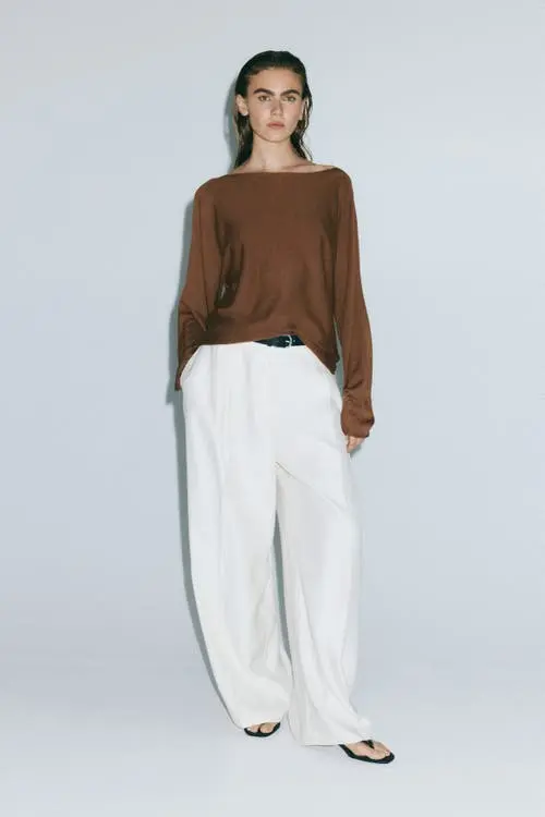 H&M Off-the-shoulder Fine Knit Sweater - Brown