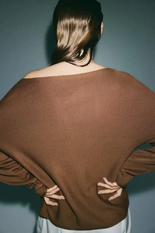H&M Off-the-shoulder Fine Knit Sweater - Brown