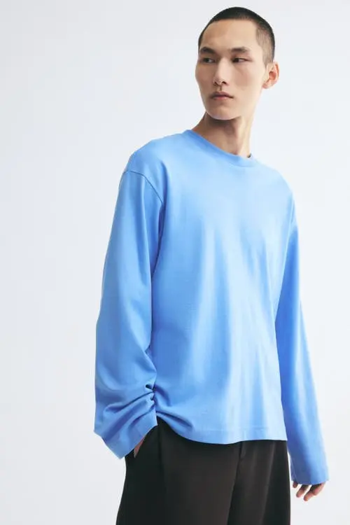 H&M Relaxed-fit Long-sleeved Interlock Cotton T-shirt - Blue