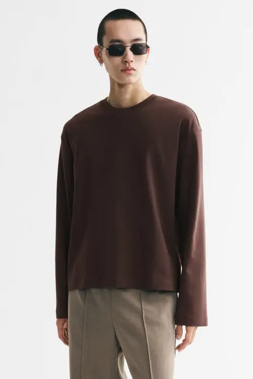 H&m Relaxed-fit Long-sleeved Interlock Cotton T-shirt - Dark Brown