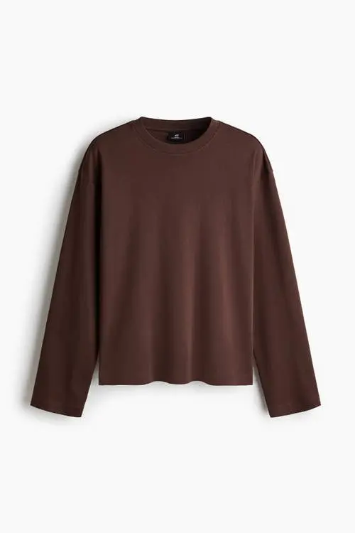 H&m Relaxed-fit Long-sleeved Interlock Cotton T-shirt - Dark Brown