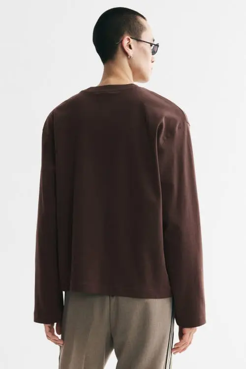 H&m Relaxed-fit Long-sleeved Interlock Cotton T-shirt - Dark Brown