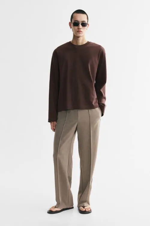 H&m Relaxed-fit Long-sleeved Interlock Cotton T-shirt - Dark Brown