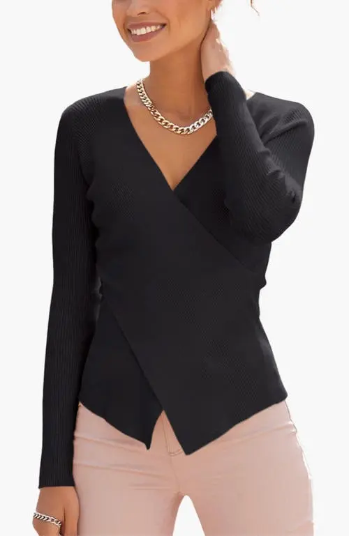 LASCANA Ribbed Knit Overlapping V-neck Sweater - Black