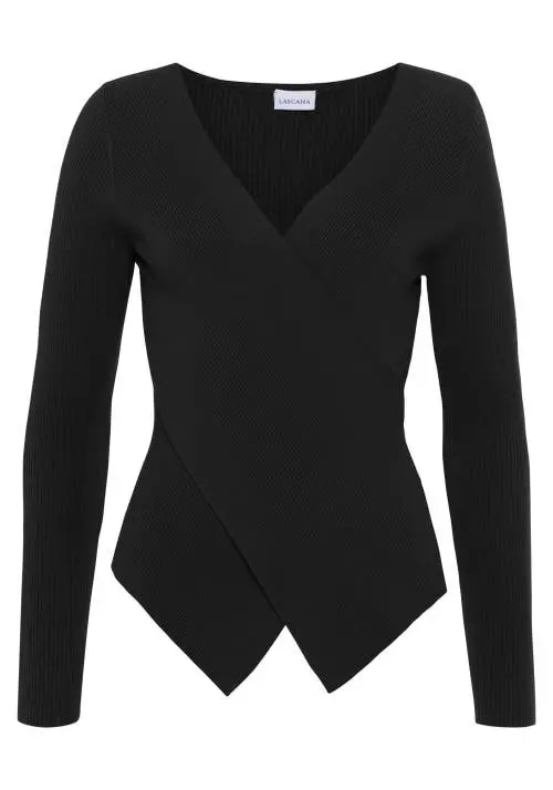LASCANA Ribbed Knit Overlapping V-neck Sweater - Black