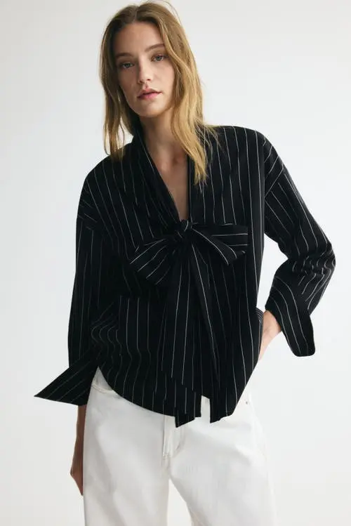 H&m Cotton Blouse With Scarf Collar