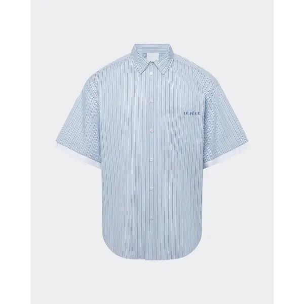LE PERE Double Short Sleeve Button Down Shirt - Office Blue