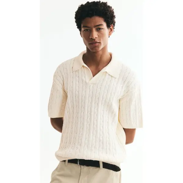 H&m Relaxed-fit Cable-knit Polo Shirt - Cream