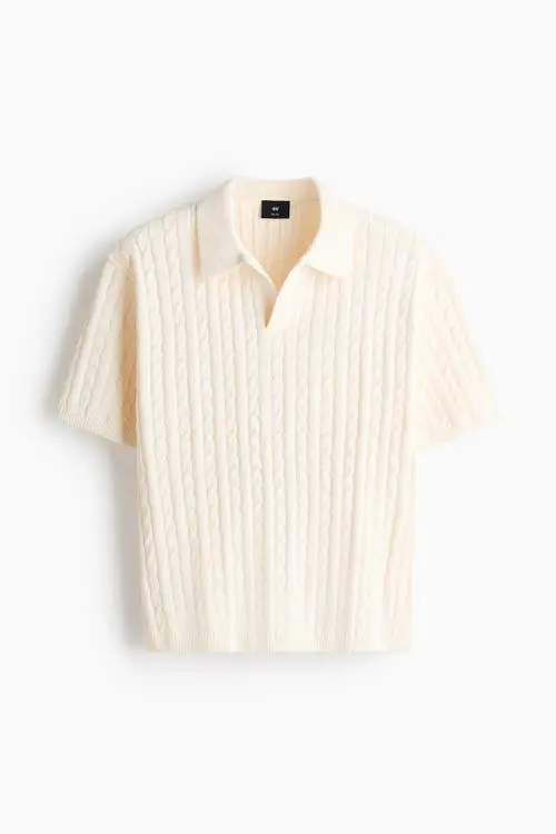 H&m Relaxed-fit Cable-knit Polo Shirt - Cream