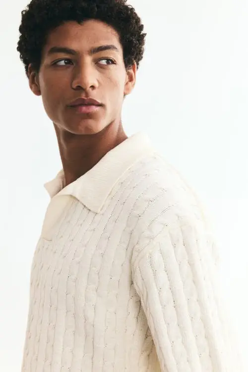 H&m Relaxed-fit Cable-knit Polo Shirt - Cream
