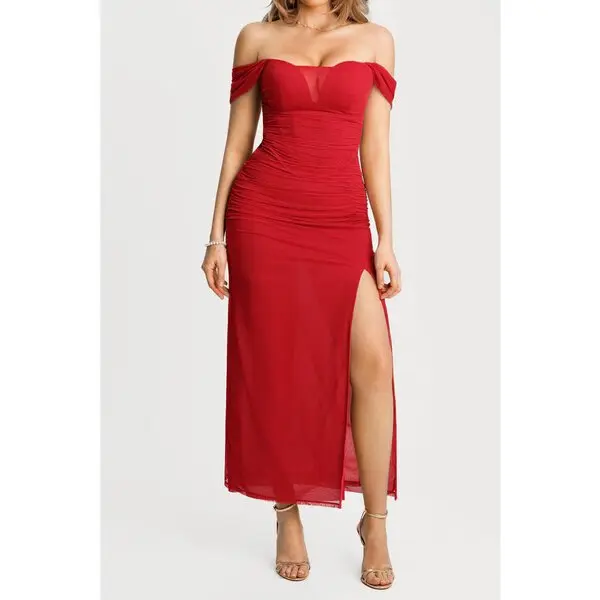 POPILUSH Sculpting Floral Off-the-shoulder Midi Dress - Ruby