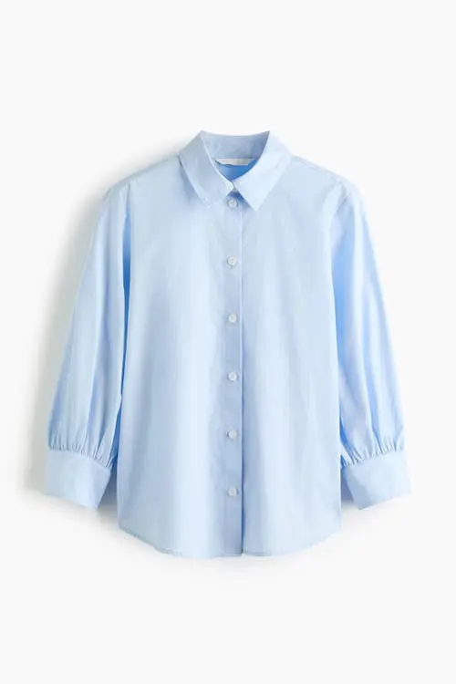 H&M Balloon-sleeved Cotton Shirt - Light Blue